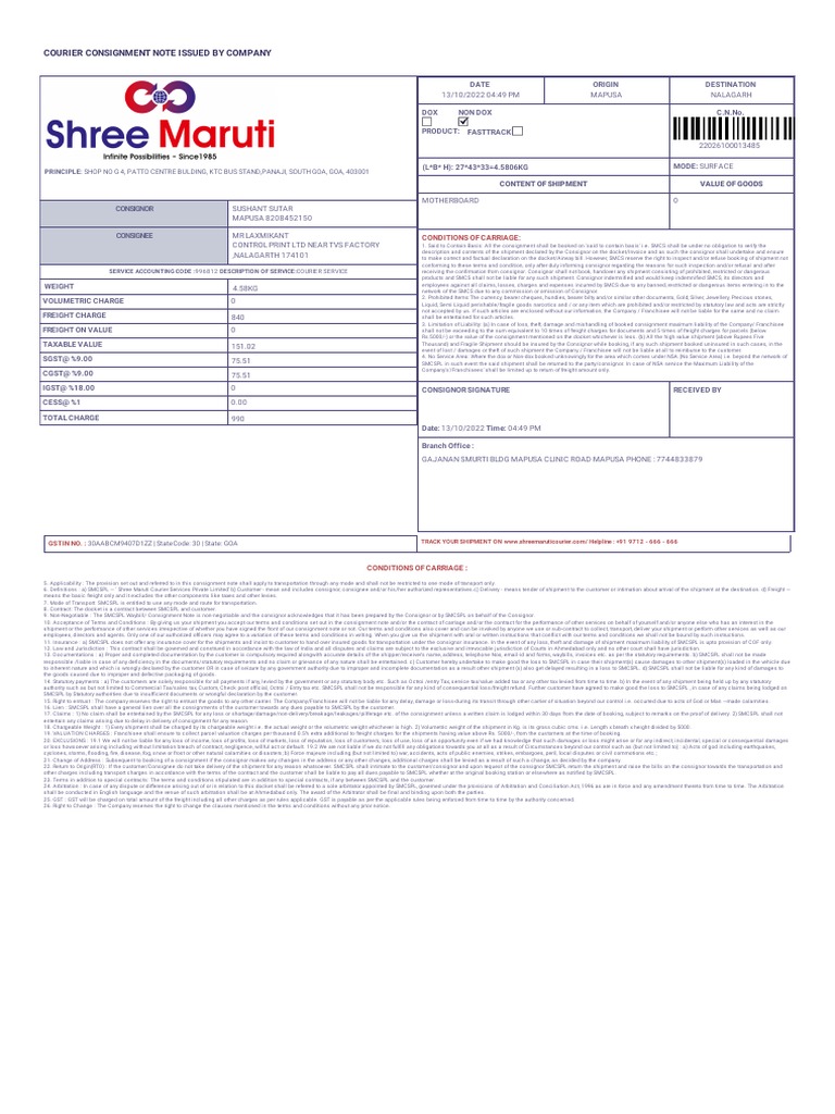 Courier Consignment Note Details | PDF | Bill Of Lading | Legal Liability