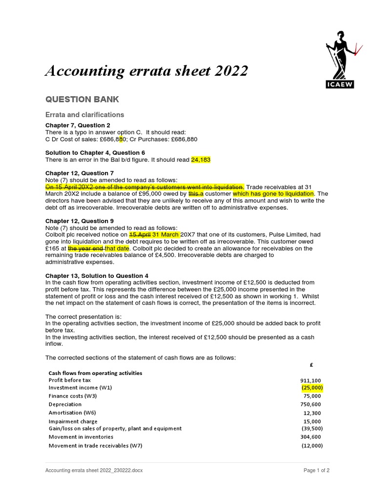 Accounting Errata Sheet 2022 291121 | PDF | Fixed Asset | Expense