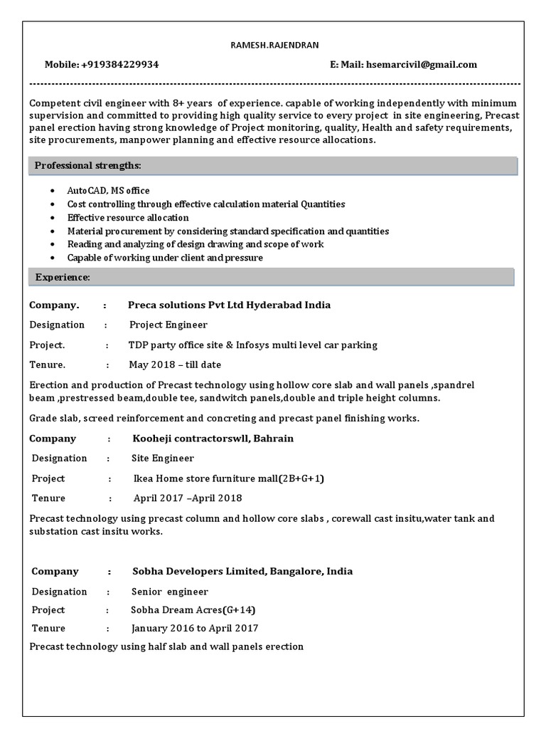 Civil Project Engineer CV (Ramesh Rajendran) - 1 | PDF