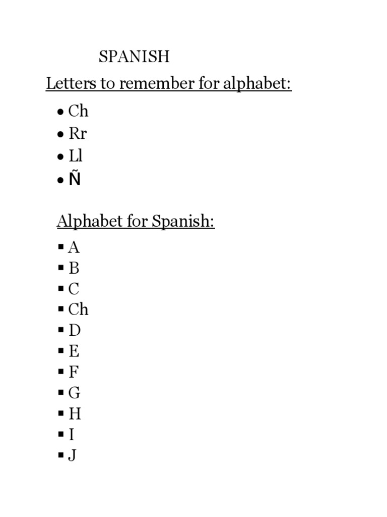 Spanish Letters To Remember For Alphabet: CH RR LL Ñ Alphabet For Spanish: A B C CH D E F G H I ...
