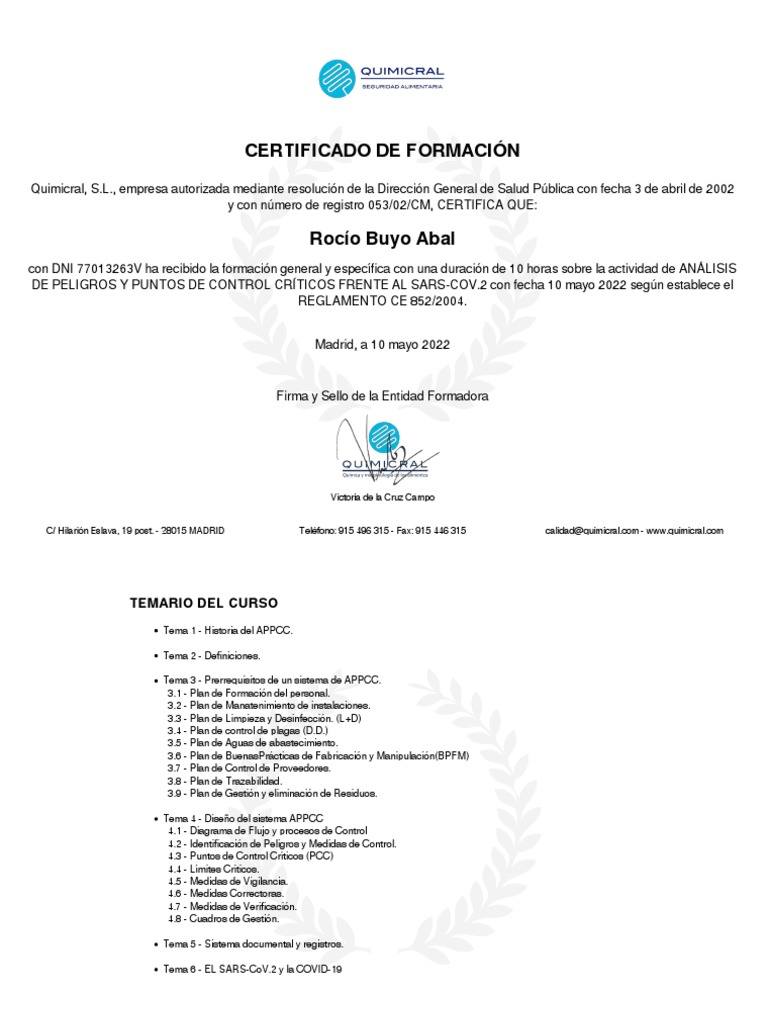 22 APPCC - Certificado de Formación | PDF | Análisis de Riesgo y Puntos ...
