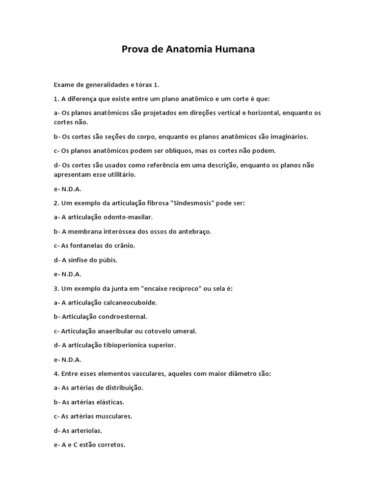 Prova de Anatomia Humana | PDF