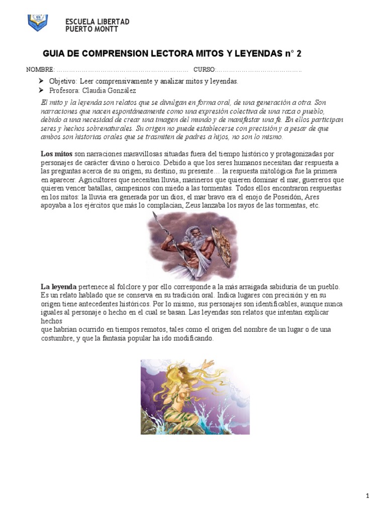 Comprensión Lectora: Mitos y Leyendas | PDF | Mitos de la creación ...
