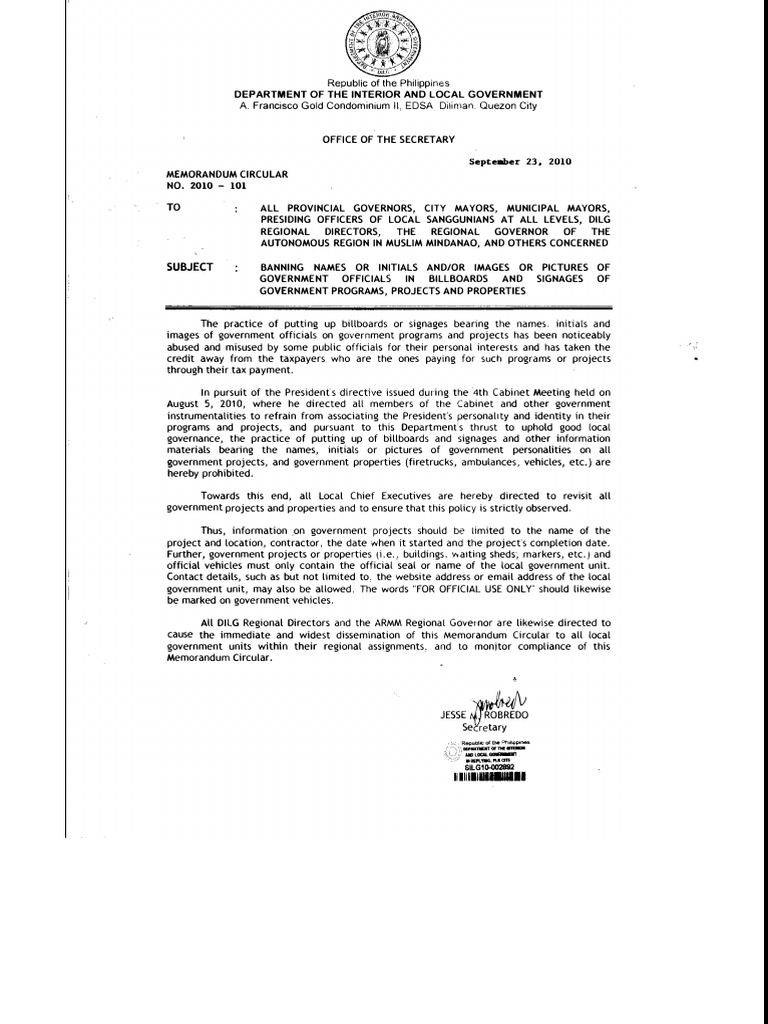 Anti-Epal Memorandum - DILG Memorandum Circular - 2010-101 | PDF | Governance | Government