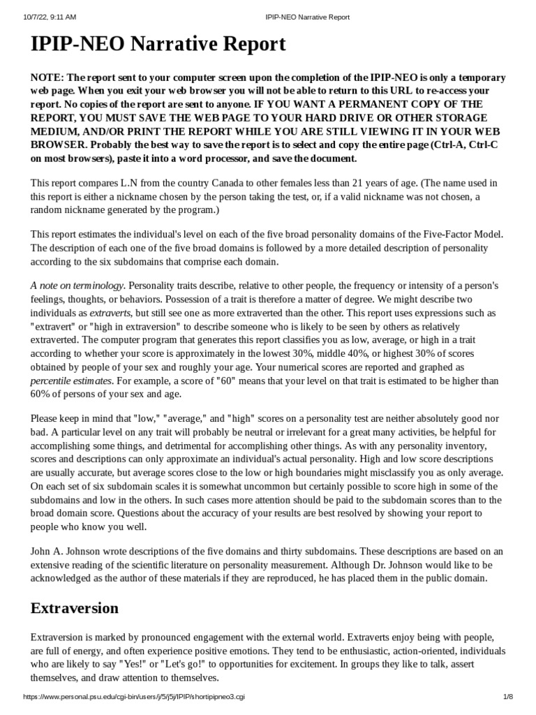 IPIP-NEO Personality Report Analysis | PDF | Extraversion And Introversion | Anxiety