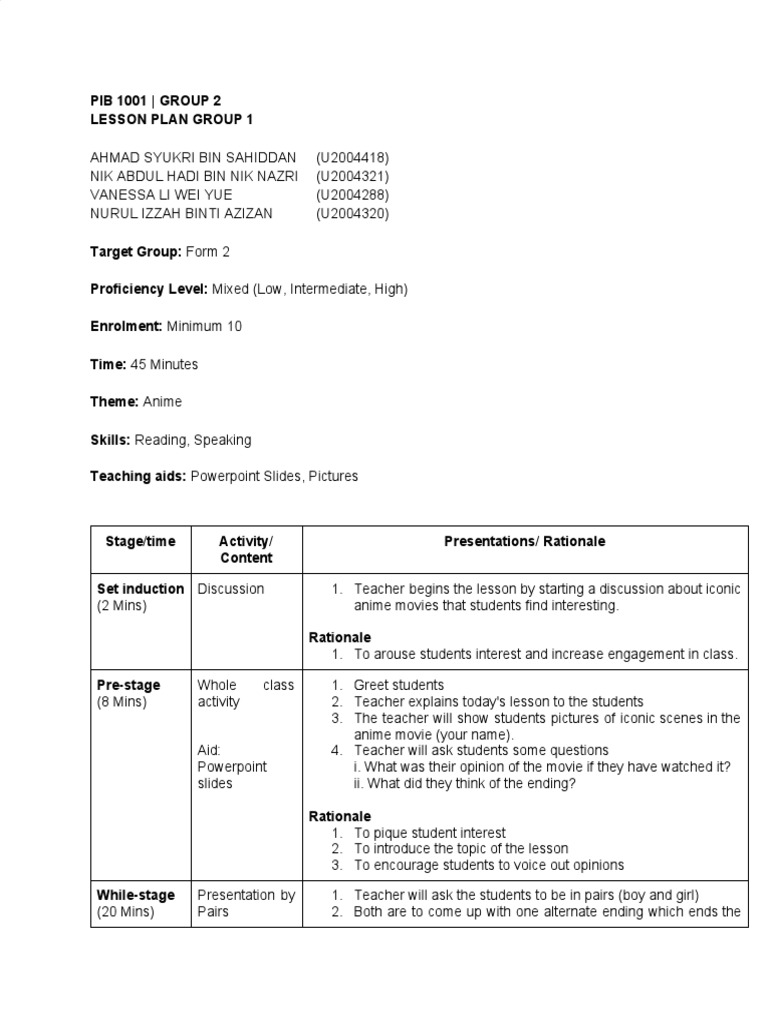 Anime Lesson Plan Group 1 | PDF