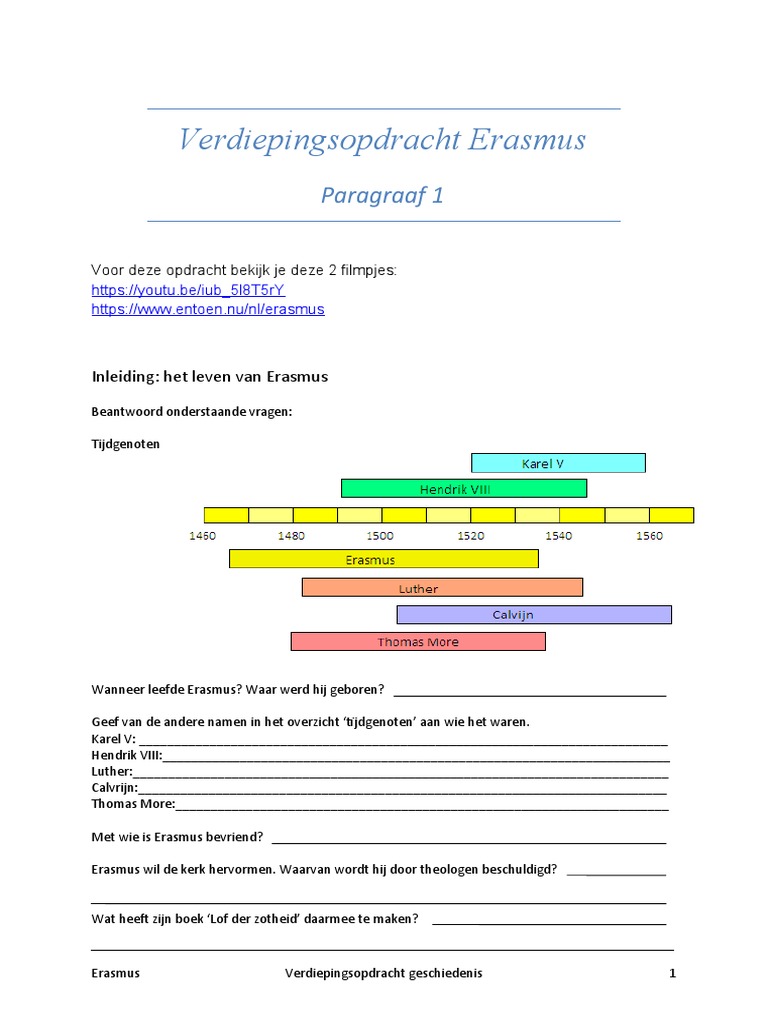 Verdiepingsopdracht Erasmus (Paragraaf 1) | PDF