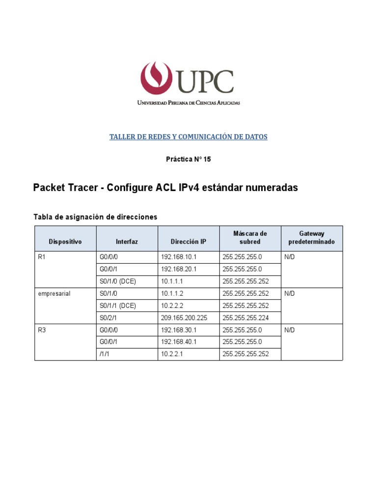 Laboratorio 15 Configuracion y Modifique Las ACL IPv4 Estandar Version Estaidenn | PDF ...