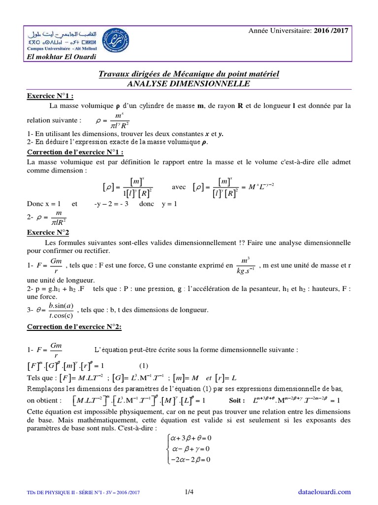 TD Avec Correction MPM Analyse Dimensionnelle | PDF