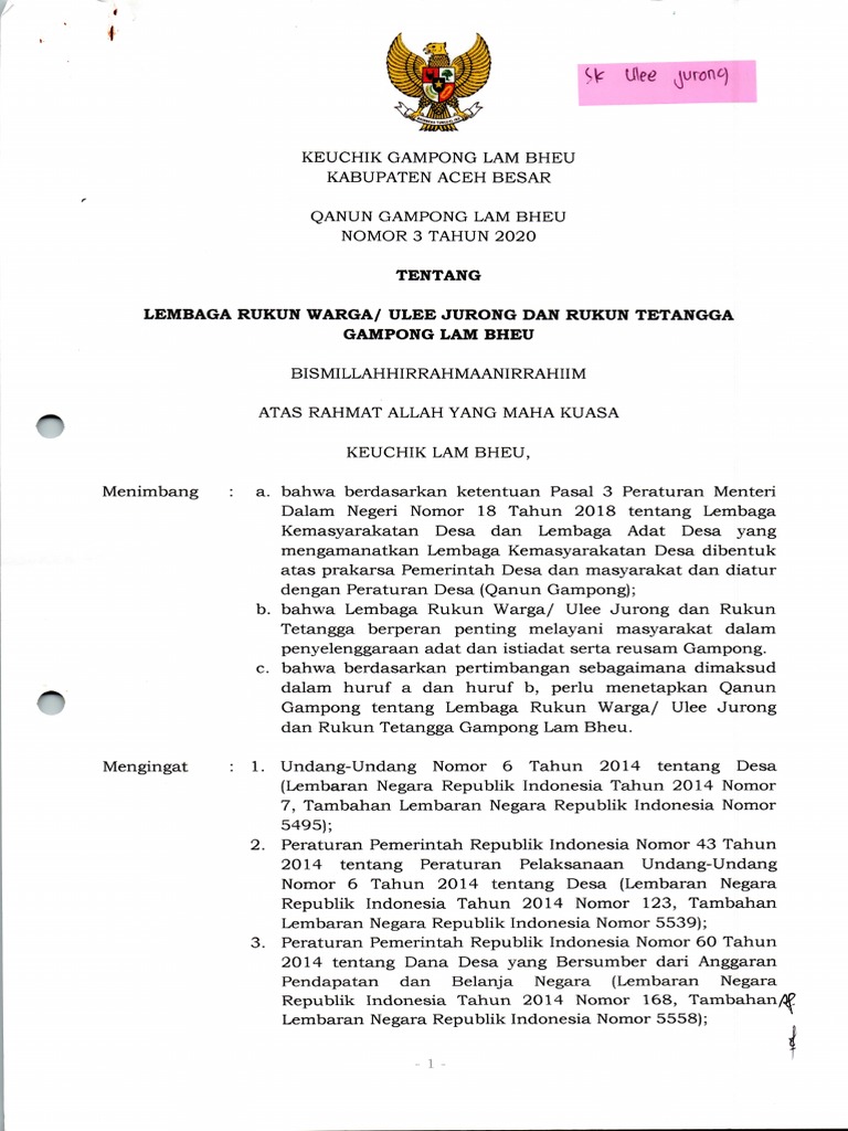 Qanun RW Ulee Jurong Dan RT Ubtrh0 Qanun No 3 Tentang Kelembagaan Rwuleejurong RT PDF | PDF