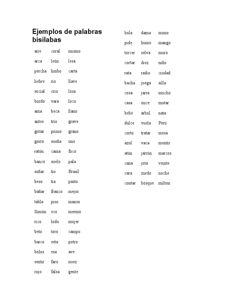 Ejemplos De Palabras Bisílabas Pdf 