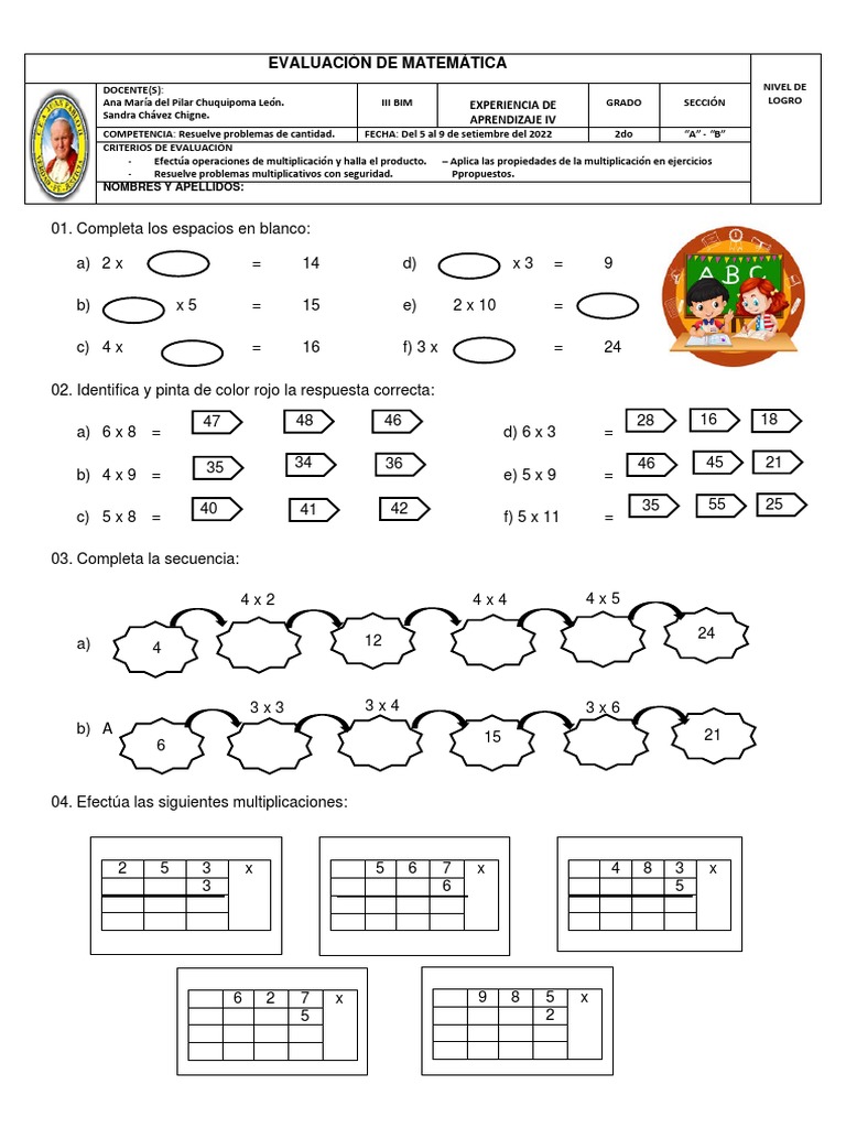 Evaluación de Matemática 2do Grado de Primaria | PDF