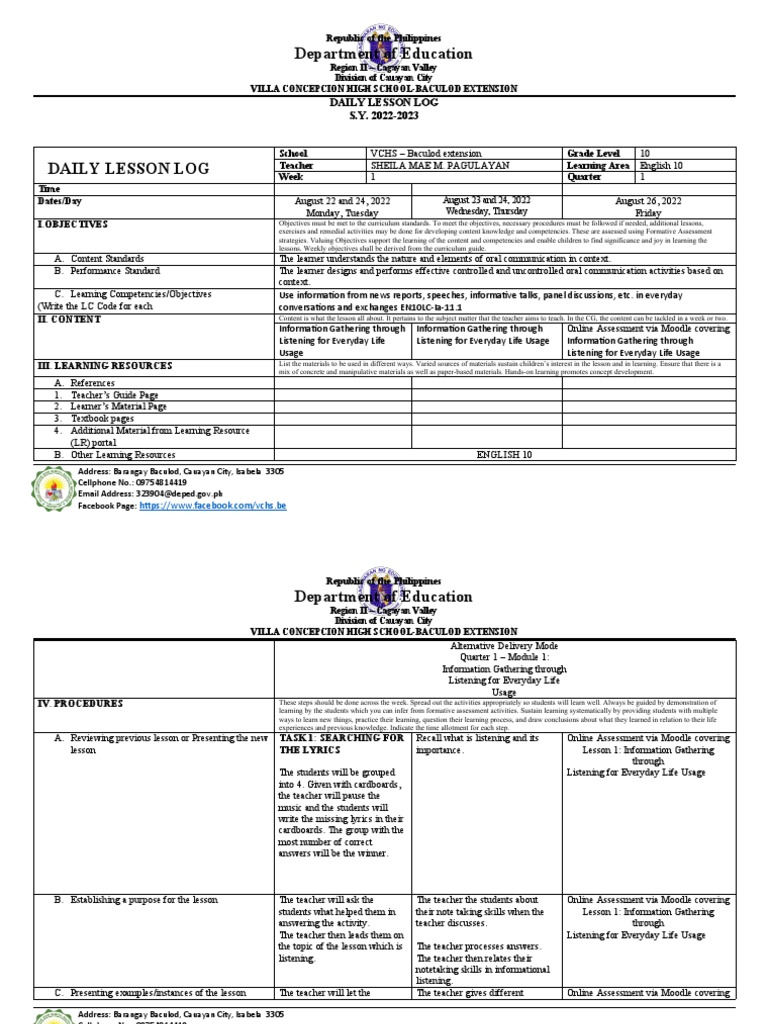 Daily Lesson Log English 10 Wk1 | PDF | Learning | Teachers