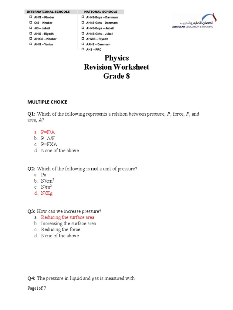 Grade 8 Physics Pressure Worksheet | PDF | Pressure | Lever