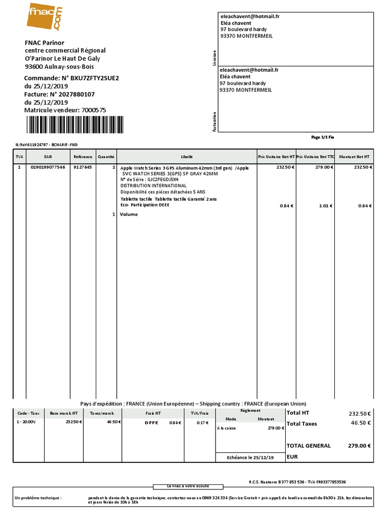 Facture Apple Watch Fnac | PDF | Taxe sur la valeur ajoutée | Impôts
