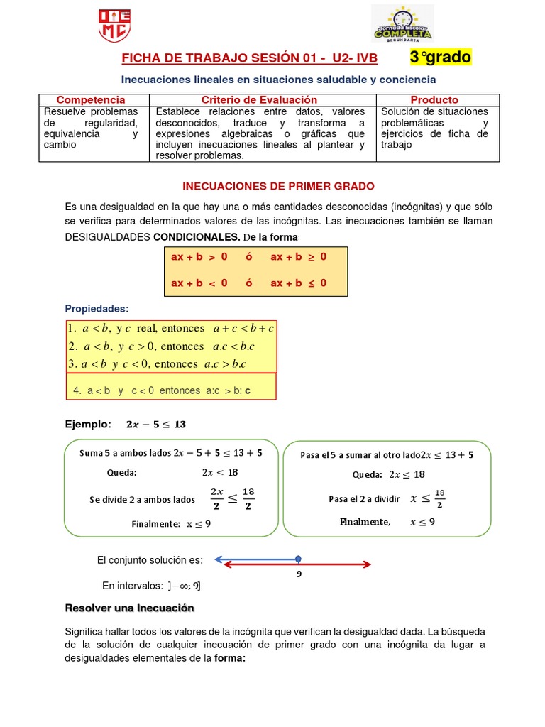 Ficha de Trabajo Semana 30 - Inecuaciones de Primer Grado - Tercero Grado | Descargar gratis PDF ...