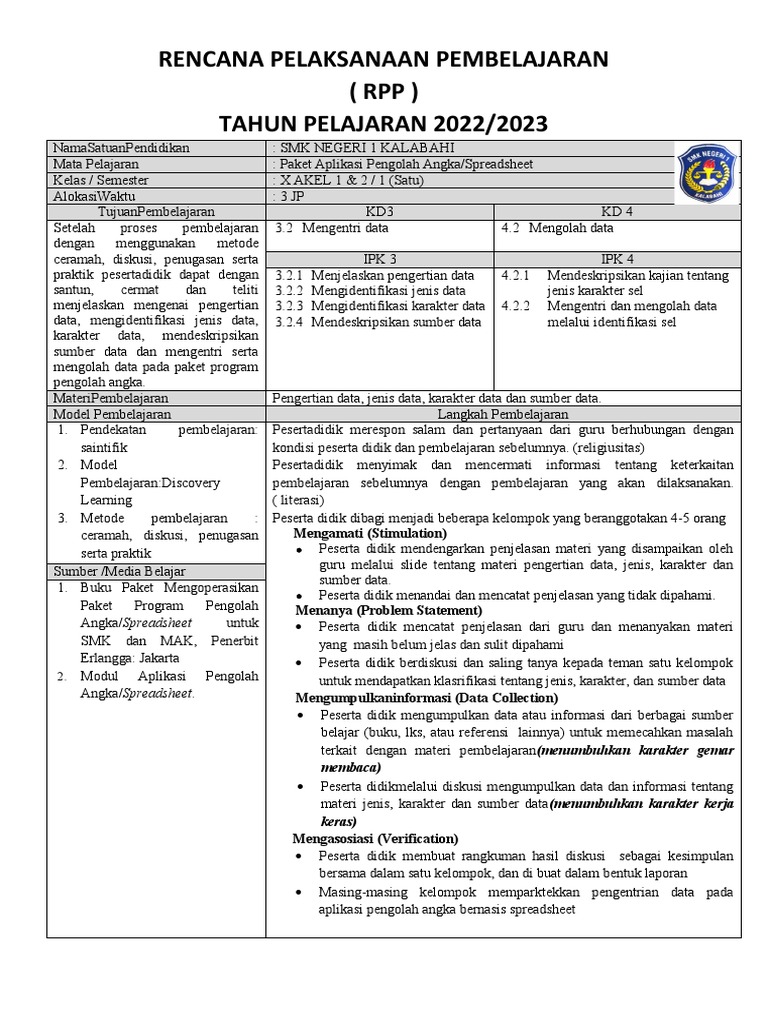 Spread Sheet RPP KD 2 | PDF