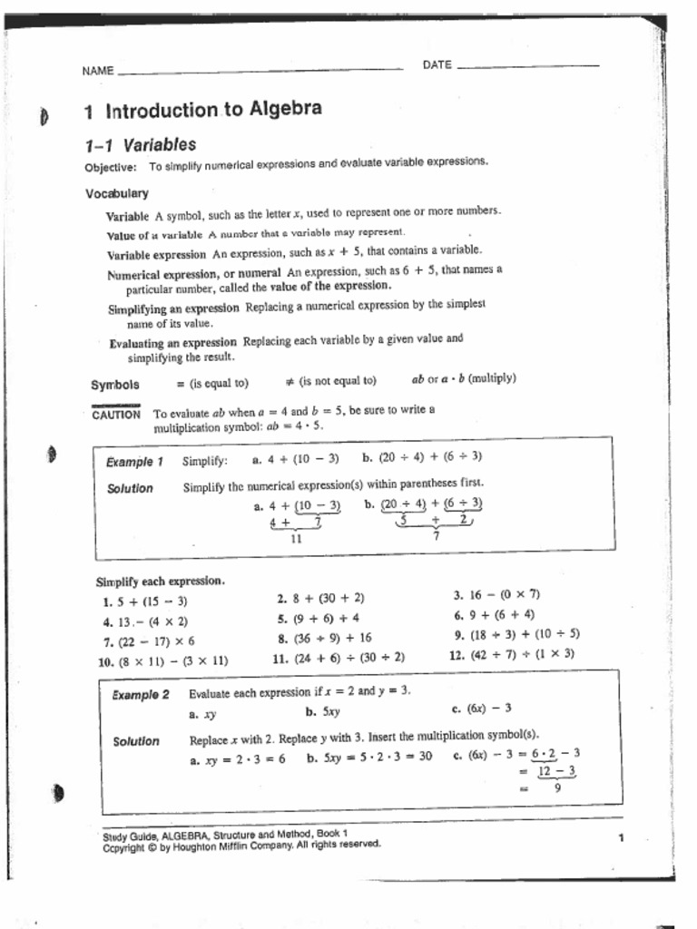 Algebra Structure and Method CH 1 Study Guide Cleo Meek | PDF
