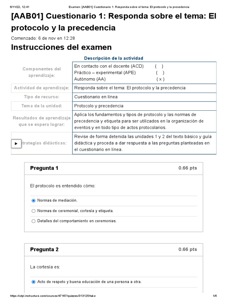 Examen - (AAB01) Cuestionario 1 - Responda Sobre El Tema - El Protocolo y La Precedencia | PDF ...