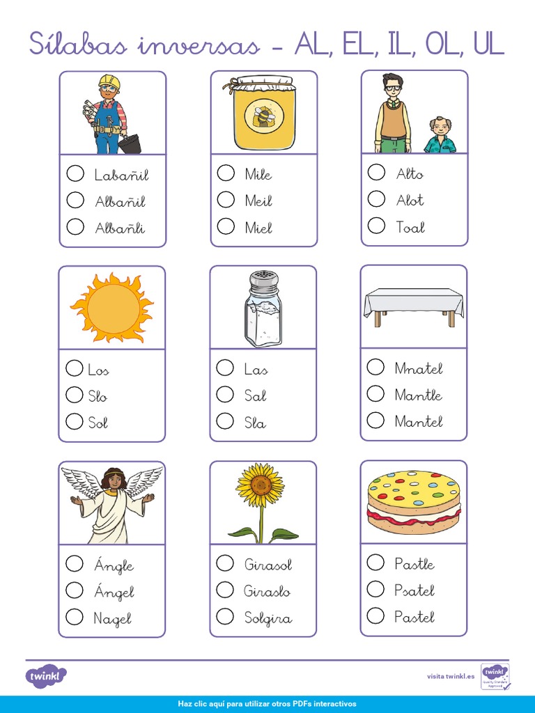 Actividades con sílabas inversas AL, EL, IL, OL, UL | PDF