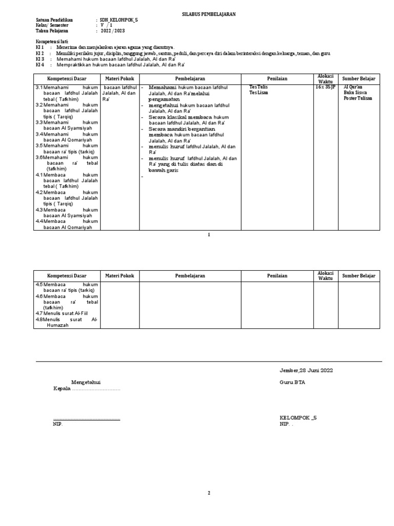 Silabus Bta Kelas 5 | PDF