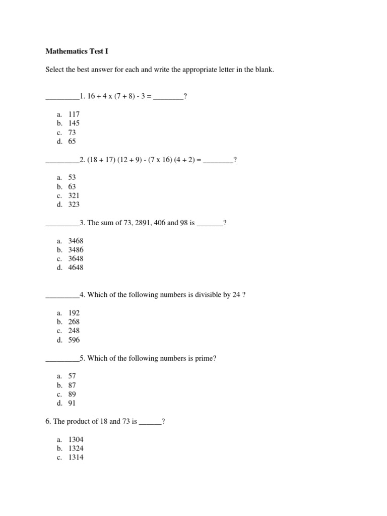 Mathematics Test Pdf