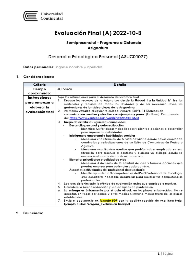 Evaluación Final - Desarrollo Psicologico Personal - 2022 10 B | PDF | Las emociones | Sicología