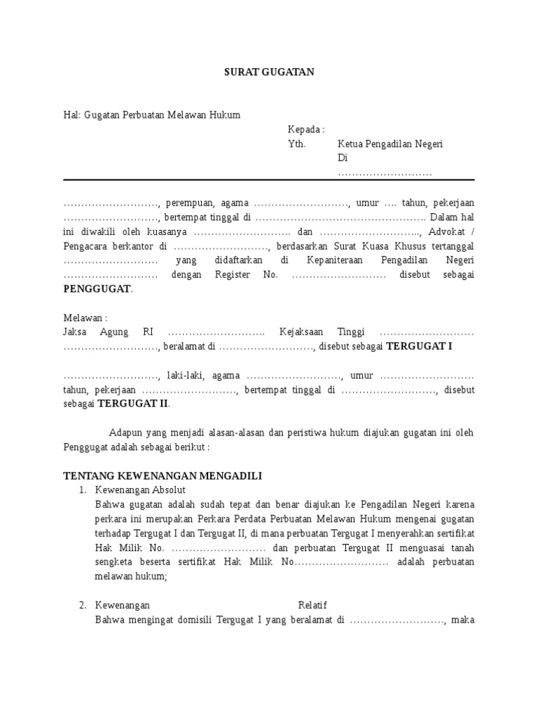 Contoh Surat Gugatan PMH Tanah | PDF