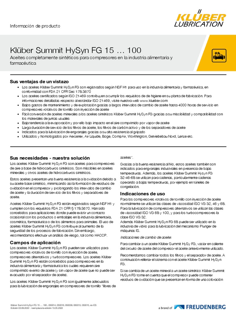 Klueber Summit HySyn FG 15-100 050016 PI ES Es | PDF