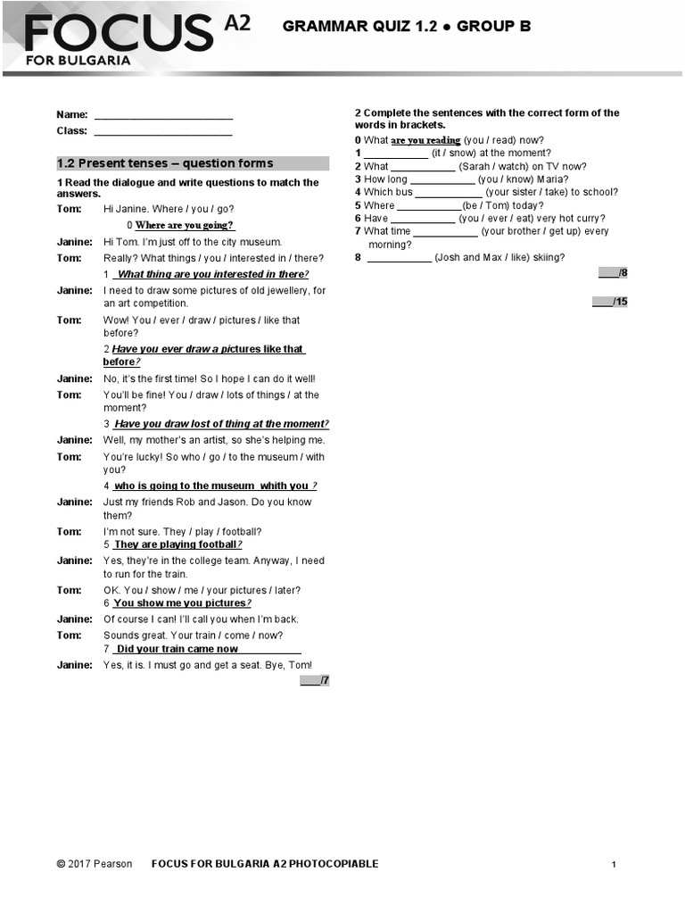 Grammar Quiz 1 2B | PDF | Linguistics | Grammar