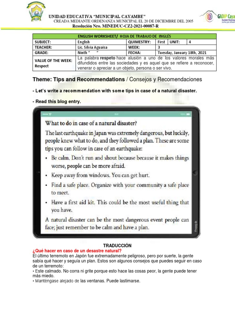 English Worksheet Ninth Grade Week 3 Unit 4 | PDF