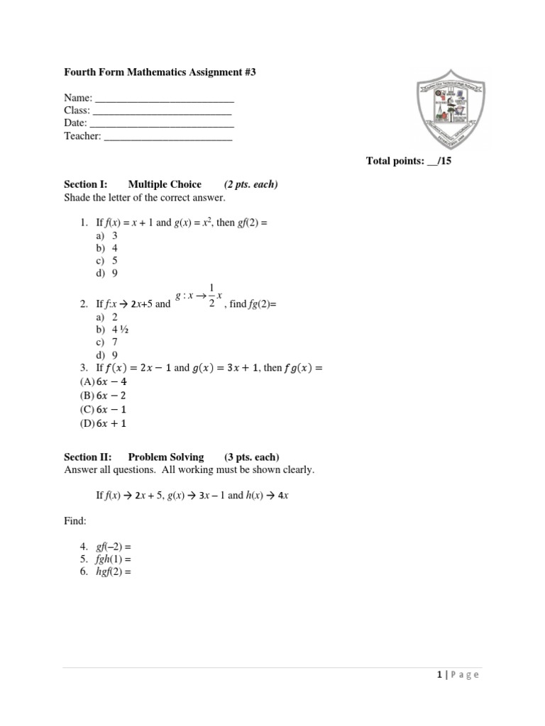Fourth Form Mathematics Assignment #3 On Composite Functions | PDF
