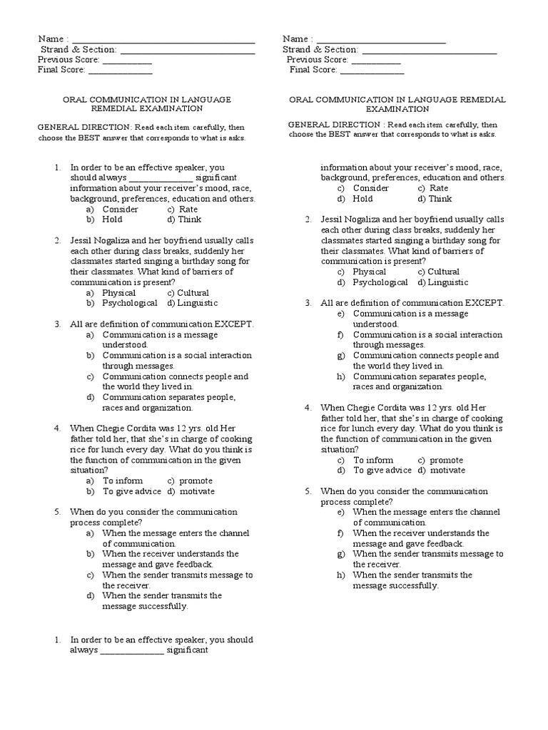 Oral Communication Remedial Exam Guide | PDF | Communication | Human ...