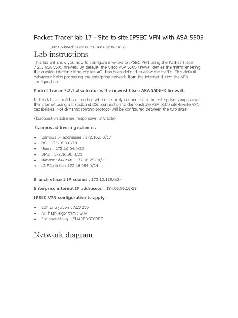 PT Lab 17 - Site To Site IPSEC VPN With ASA 5505 | PDF | Virtual Private Network | Computer Network