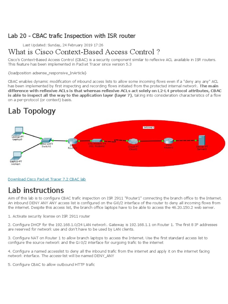 PT-Lab 20 - CBAC Trafic Inspection With ISR Router | PDF | Router (Computing) | Computer Network