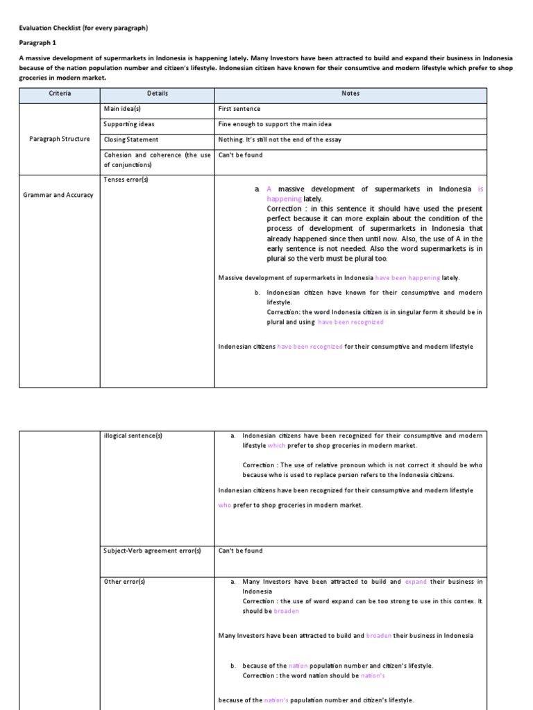 Paragraph - Writing - Evaluation - Checklist Fixed | PDF