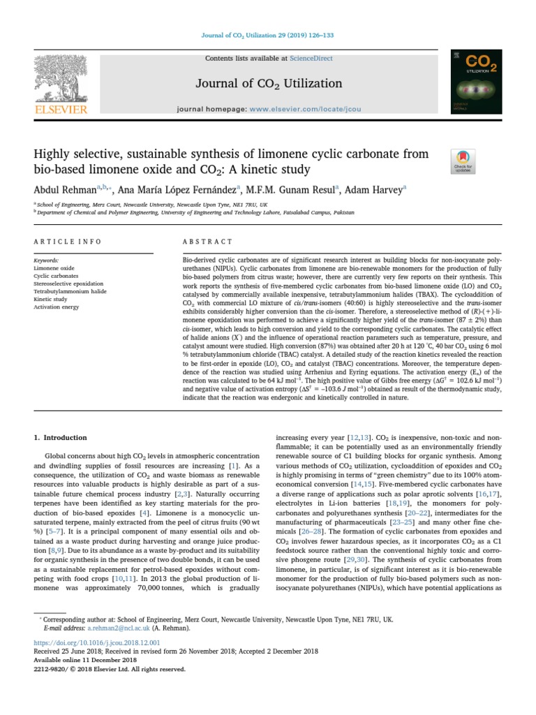 (PJ1) Synthesis of Limonene Cyclic Carbonate | PDF
