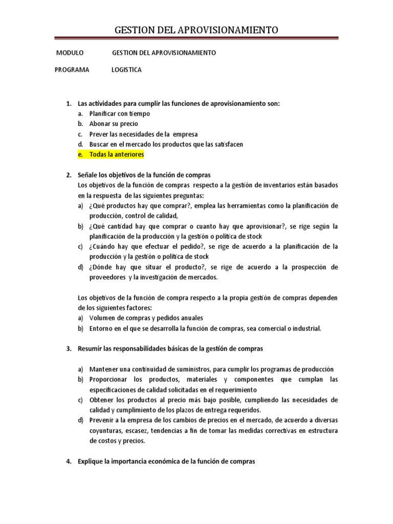 Examen Gestion Del Aprovisionamiento | PDF