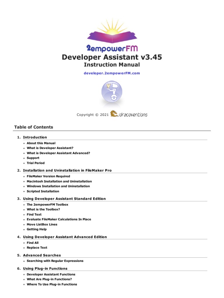 Developer Assistant v3.45 Manual | PDF | File Maker | Installation (Computer Programs)