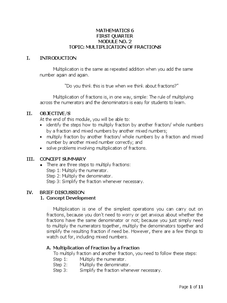 Multiplying Fractions Module for Grade 6 | PDF | Multiplication | Notation