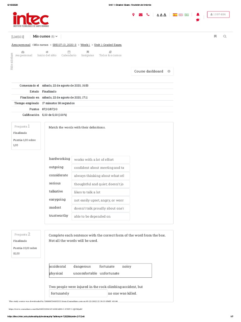 Avanzado 1 Unit 1 Quiz | PDF