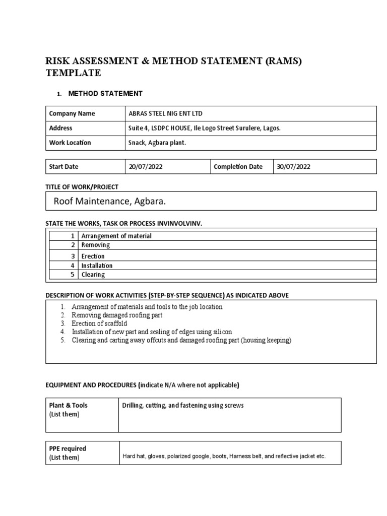 RAMS For Roof Maintenance@Agbara | PDF | Personal Protective Equipment | Safety