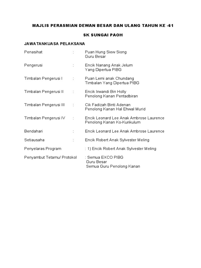 Majlis Perasmian Dewan Besar Dan Ulang Tahun SKSPH | PDF