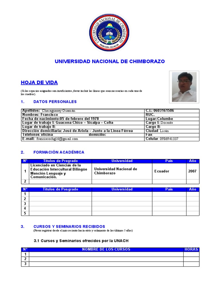 Hoja de Vida - Francisco Chacaguasay | PDF