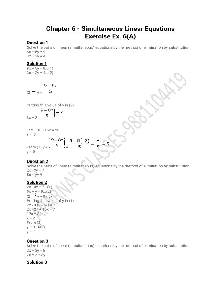 Chapter 6-Simultaneous Linear Equations-Exercise 6A Solutions | PDF ...
