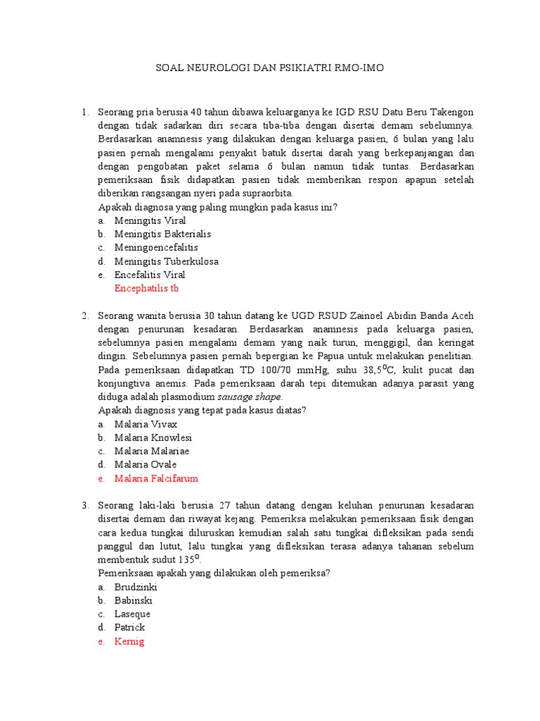 Soal Neurologi Dan Psikiatri Rmo Imo | PDF