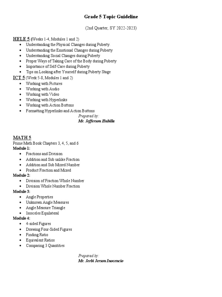 Grade 5 Topic Guidelines For The 2nd Quarter | PDF