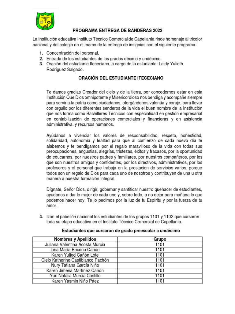 Programa Entrega de Banderas 2022 | PDF