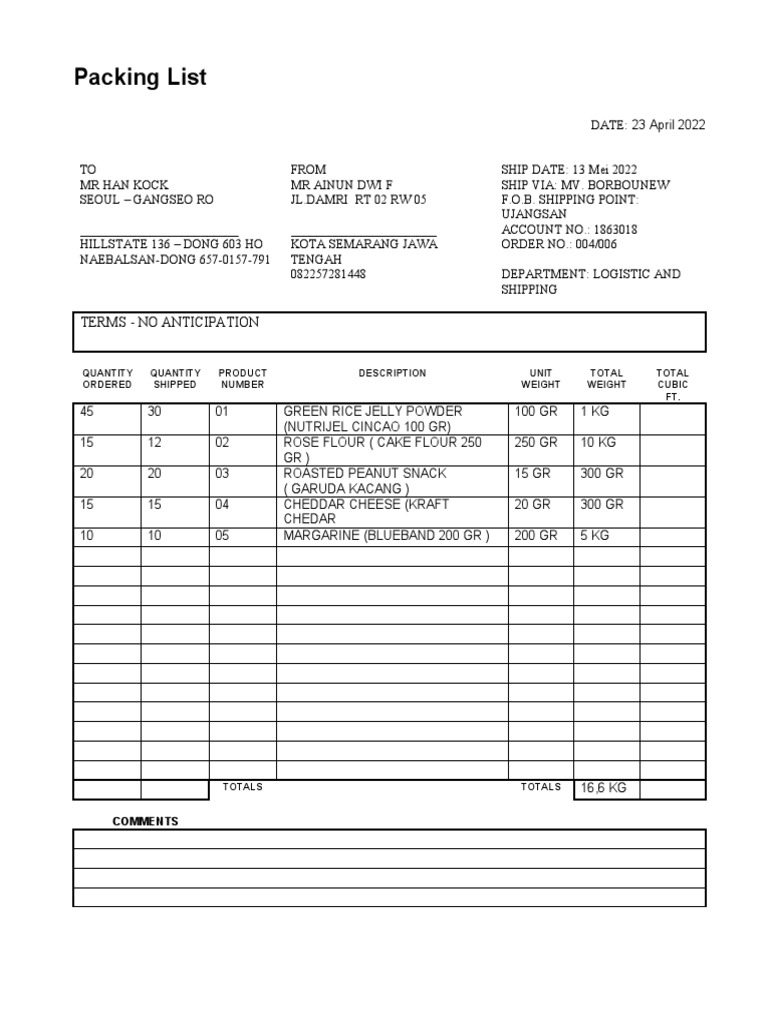 Packing List Ship | PDF