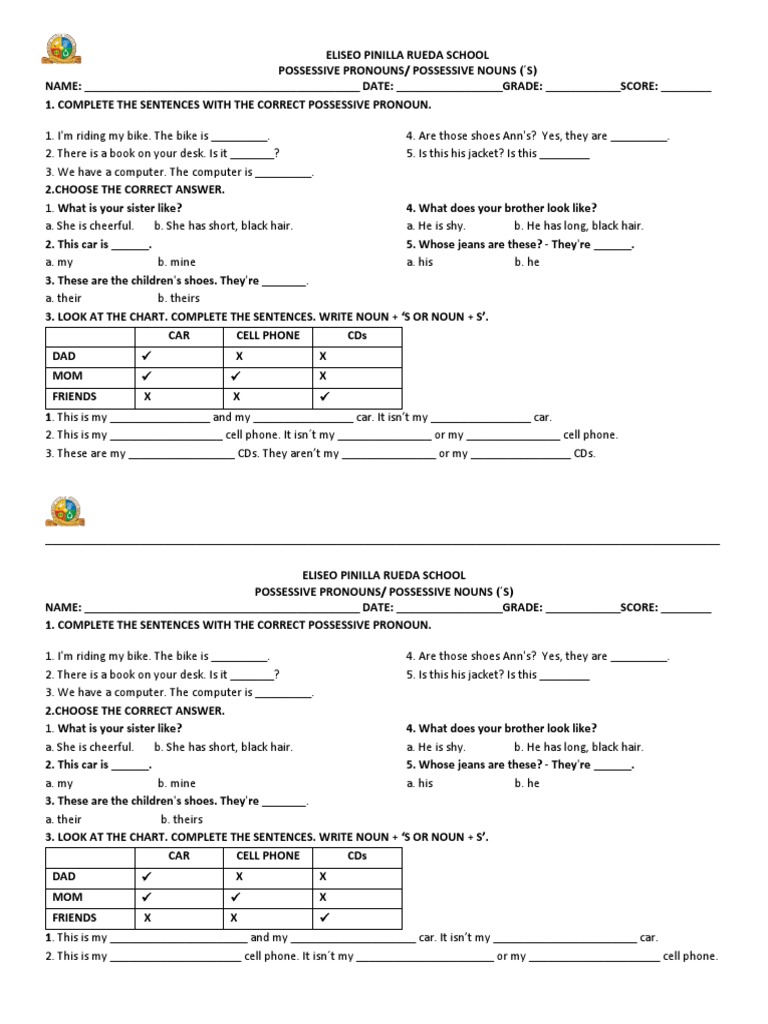 Quiz Possessive Pronouns | PDF | Linguistic Morphology | Languages